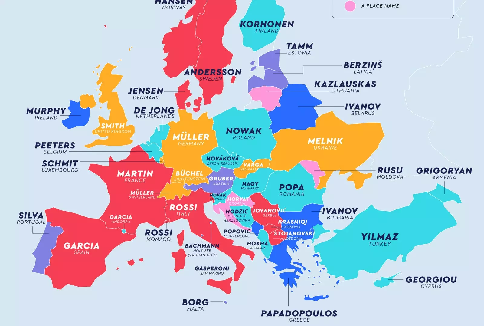 The map showing the most common surnames in each country