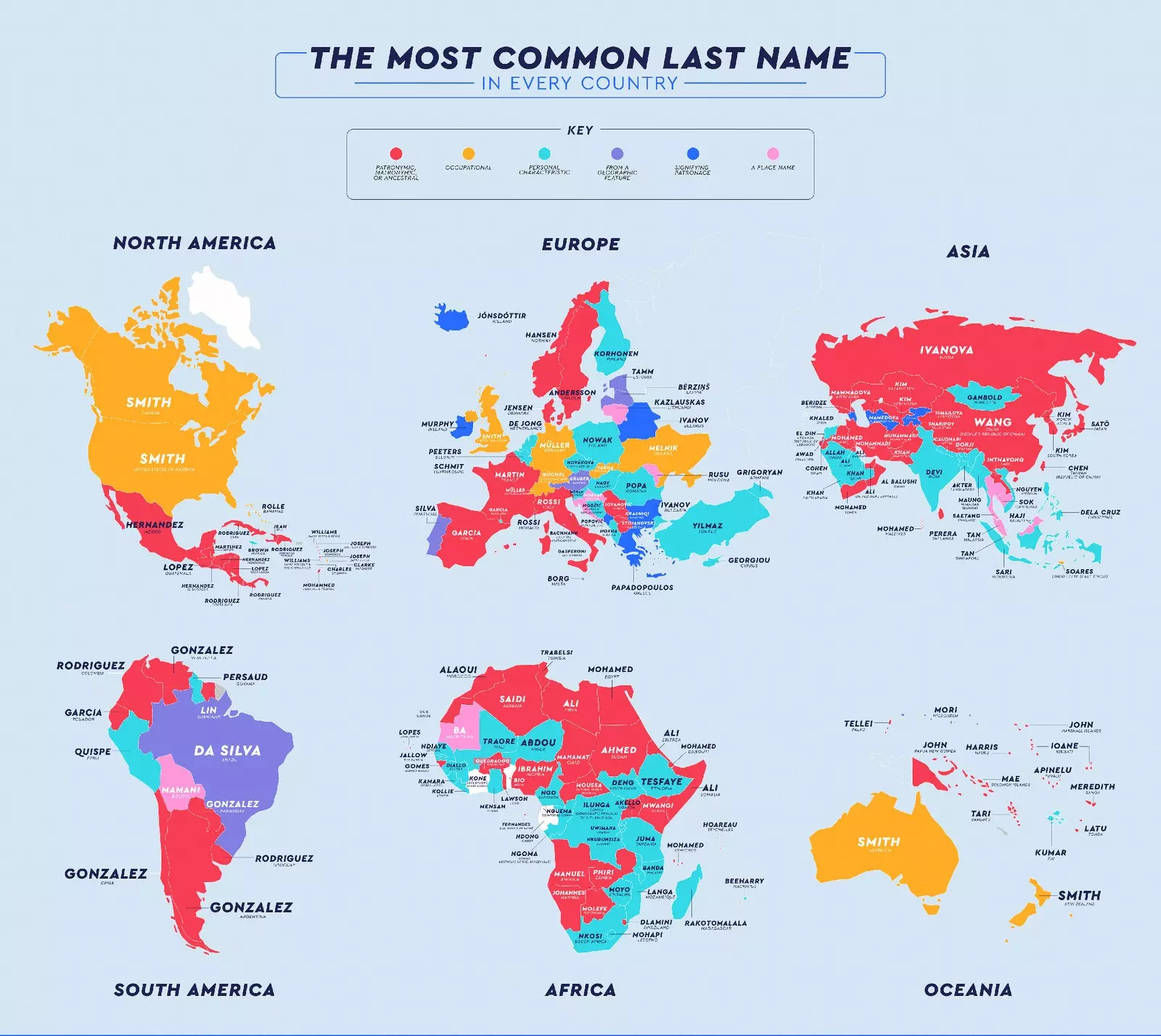 Infografik mit den häufigsten Nachnamen in jedem Land