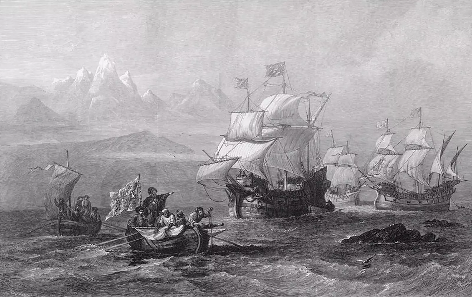 Engraving in which an episode of the First Around the World is recreated.